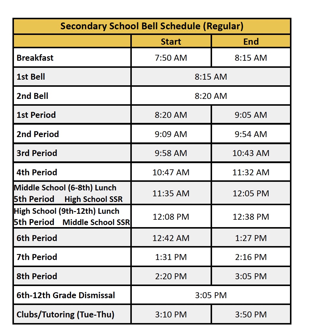 Bell Schedule | Beehive Science and Technology Academy