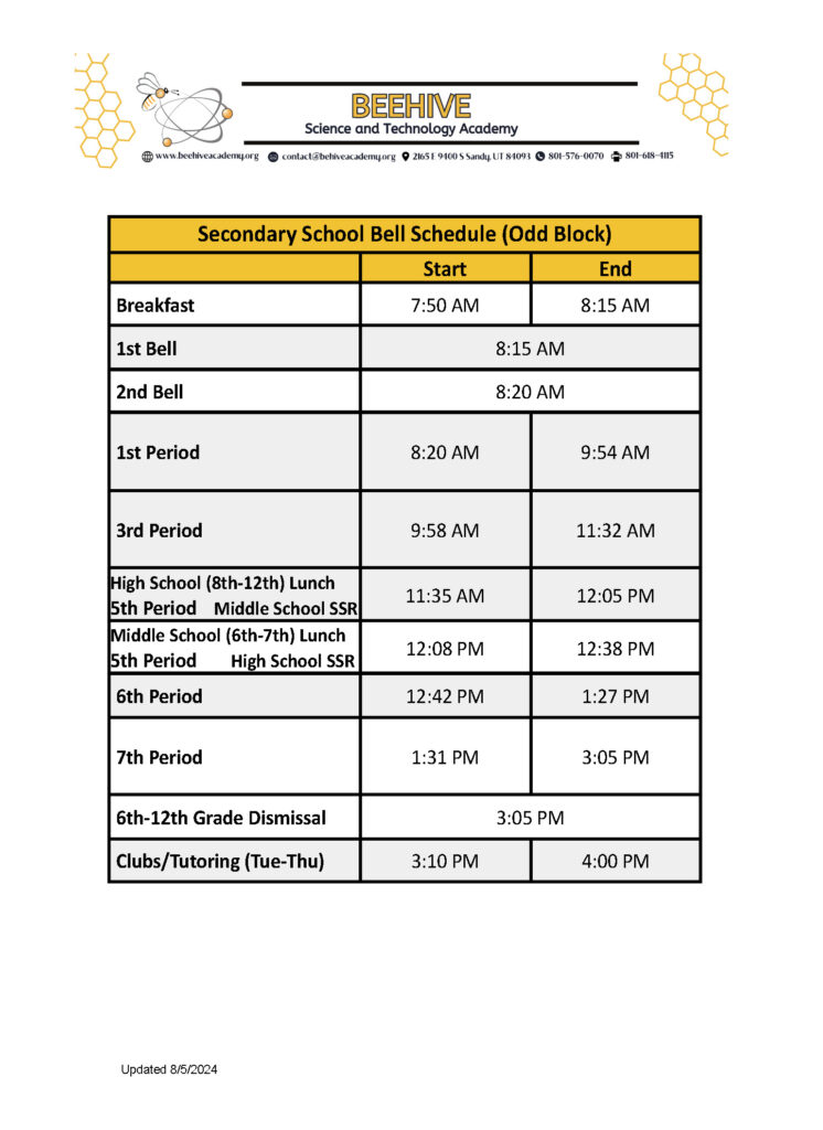 Bell Schedule | Beehive Science and Technology Academy