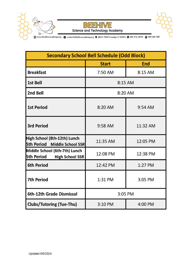 Bell Schedule | Beehive Science and Technology Academy