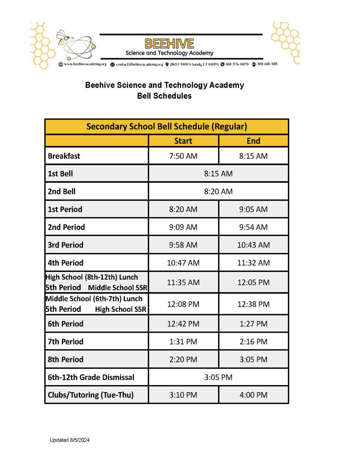 Bell Schedule | Beehive Science and Technology Academy